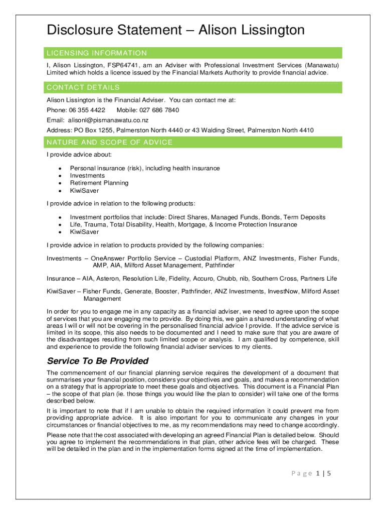 Fillable Online Disclosure Statement Alison Lissington Fax Email Print - pdfFiller