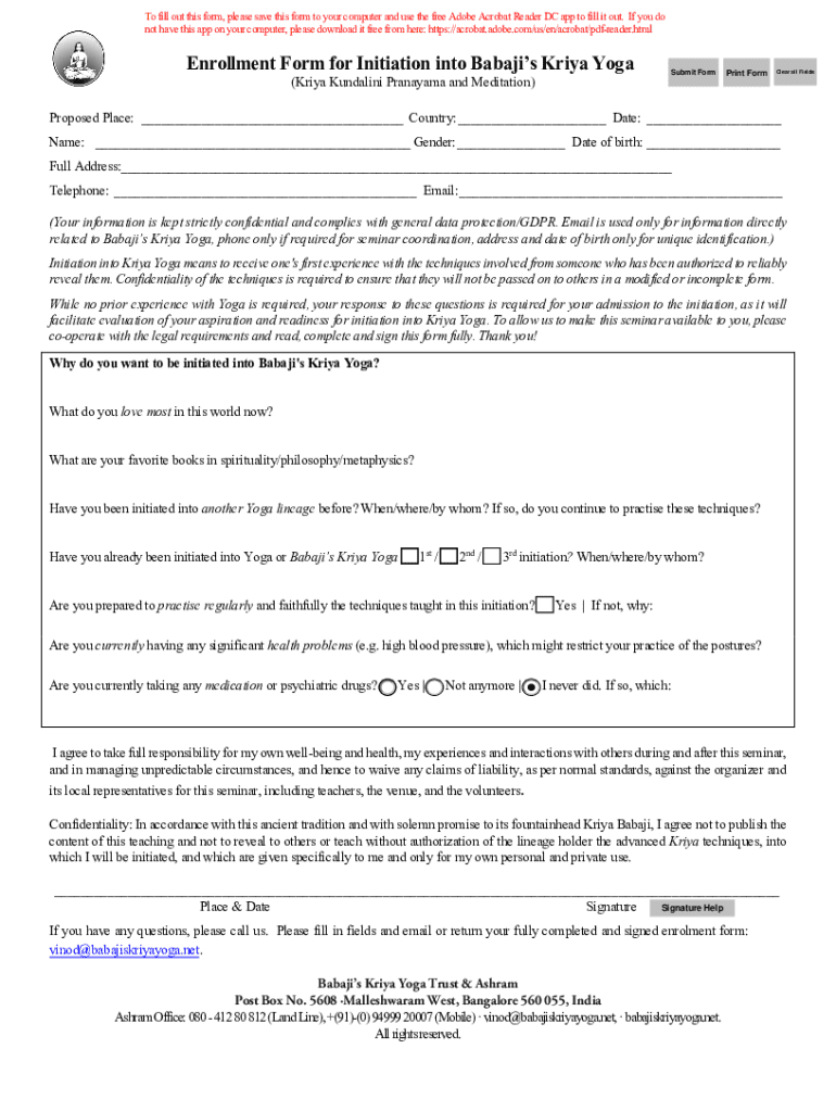 Fillable Online Enrollment Form for Initiation into Babajis Kriya Yoga ...