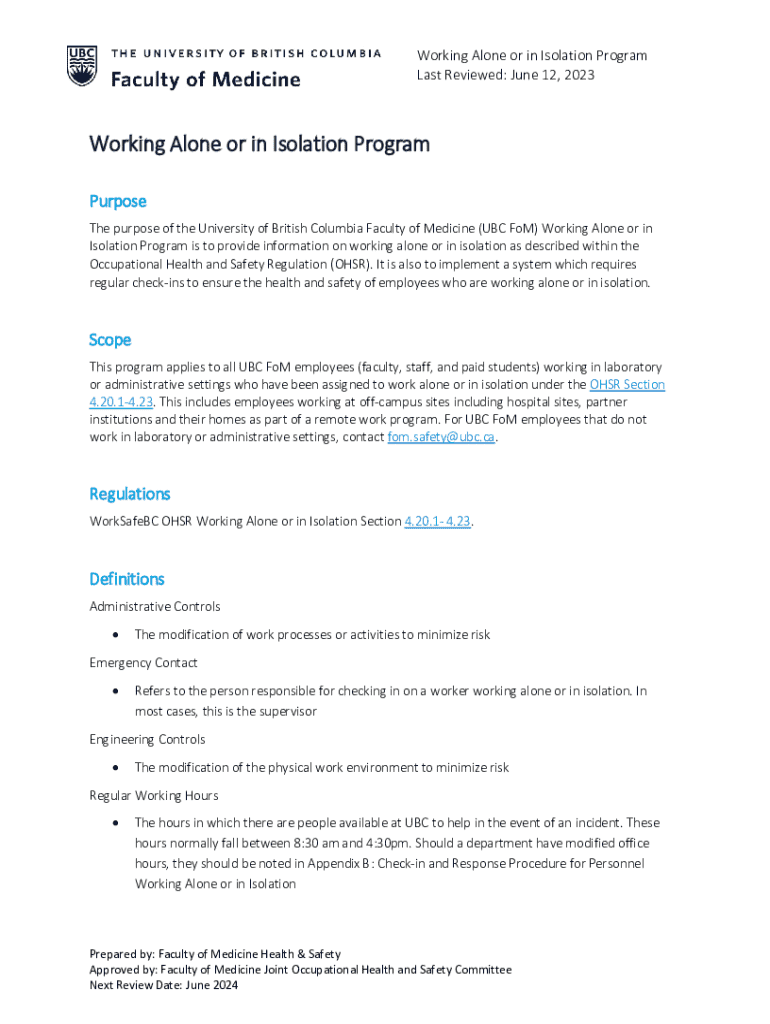 Fillable Online Working Alone or in Isolation Procedure Template #1 Fax ...