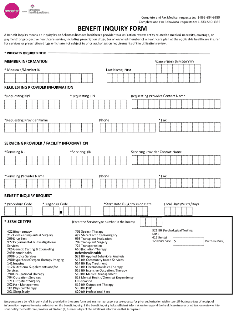 Fillable Online AR-Ambetter - Benefit Inquiry Form. Benefit Inquiry ...