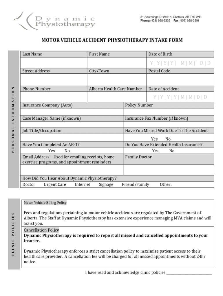Fillable Online MOTOR VEHICLE ACCIDENT PHYSIOTHERAPY INTAKE ... Fax ...