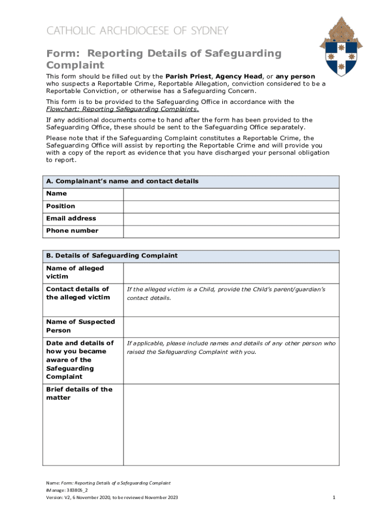 Fillable Online Form - Reporting Details of a Safeguarding Complaint ...