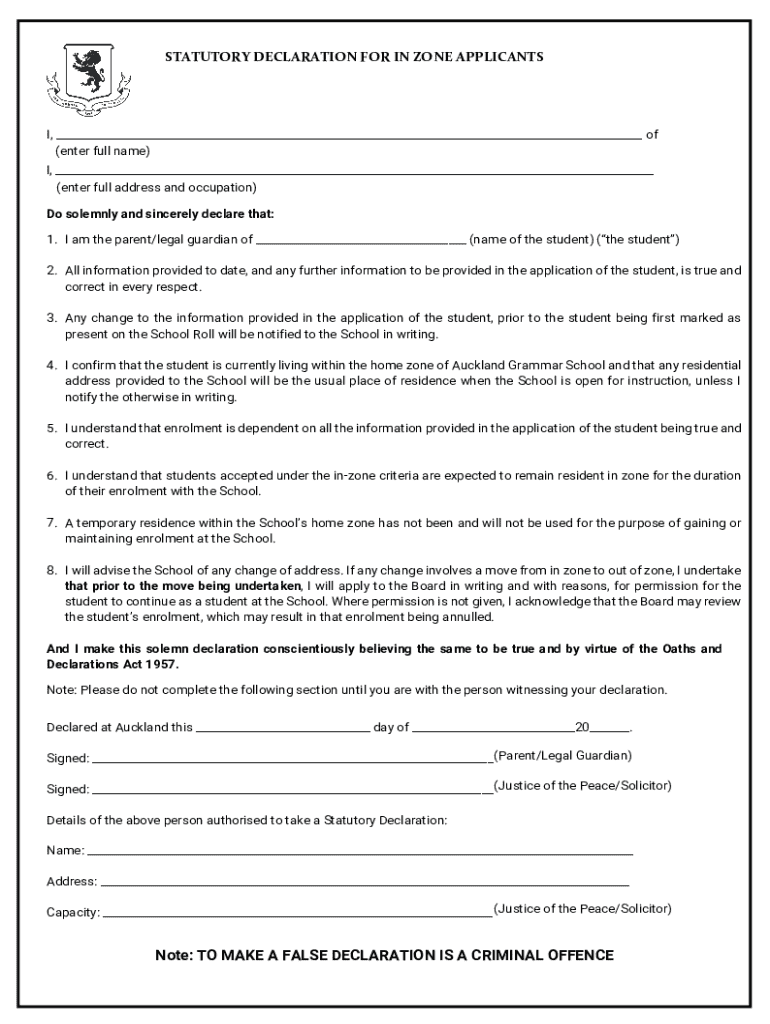 Fillable Online Statutory Declaration - Form 1 for In-Zone Enrolments ...