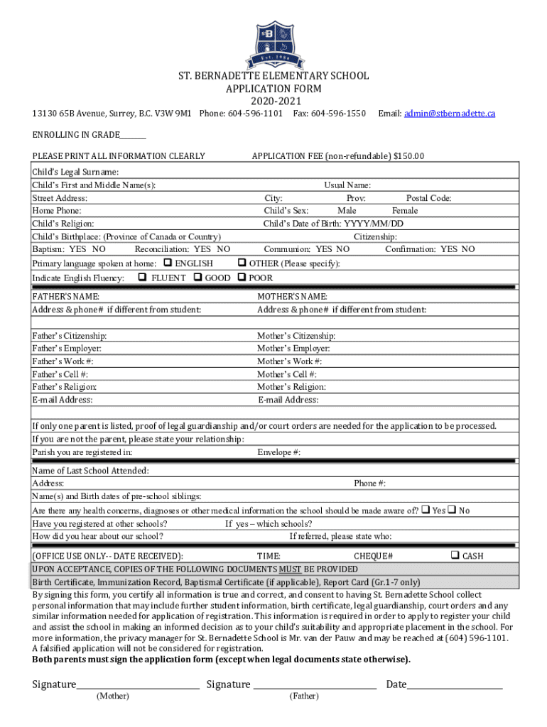 Fillable Online St. Bernadette Elementary School Application Form 2020 ...