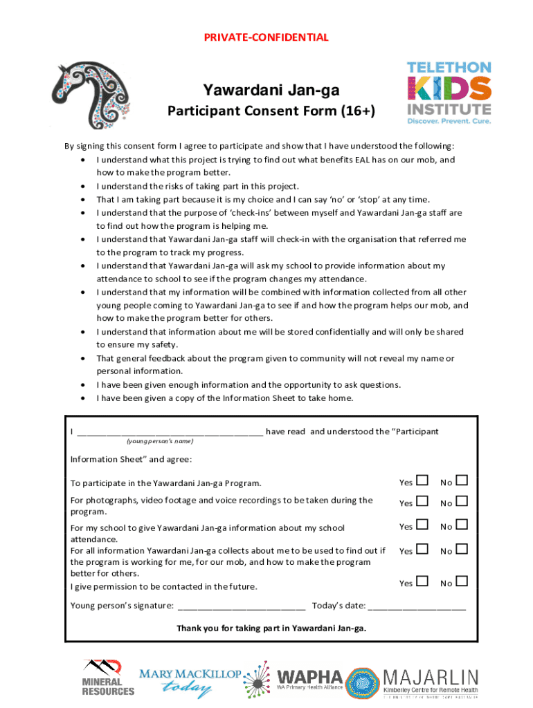 Fillable Online Yawardani Jan-ga Participant Consent Form (16+) Fax ...