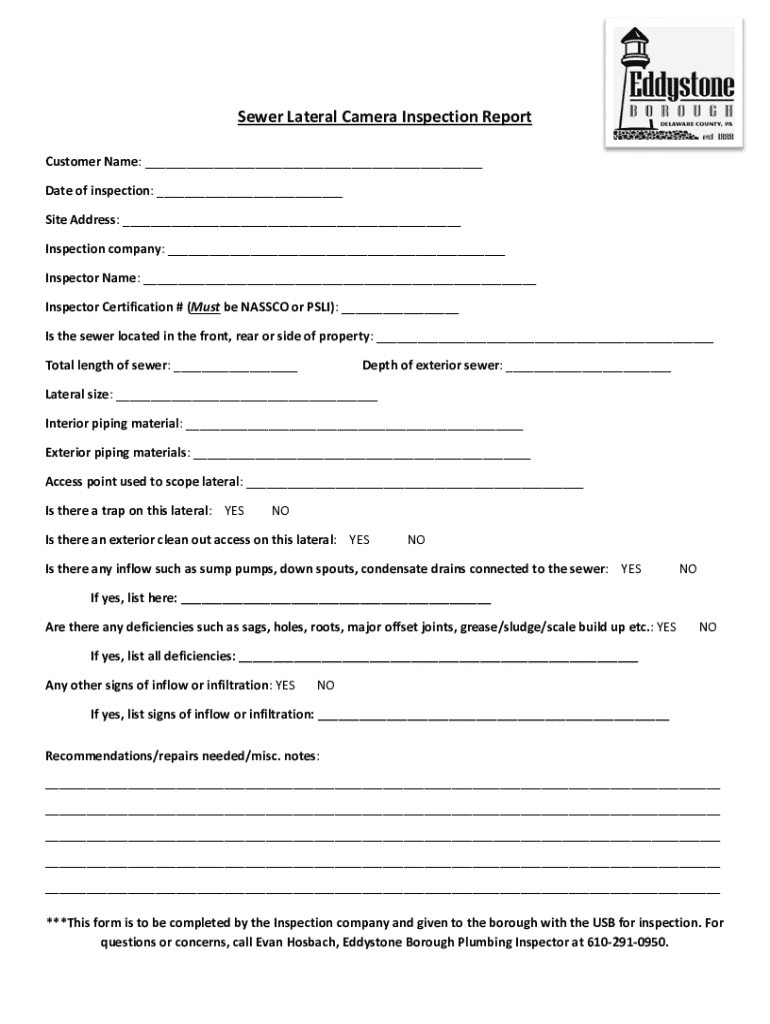 Fillable Online Sewer Lateral Camera Inspection Report Eddystone ...