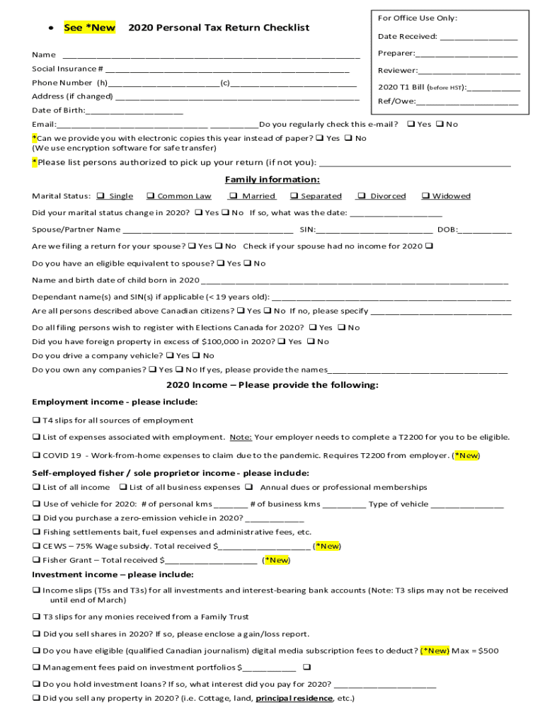 Fillable Online See *New 2020 Personal Tax Return Checklist Fax Email ...