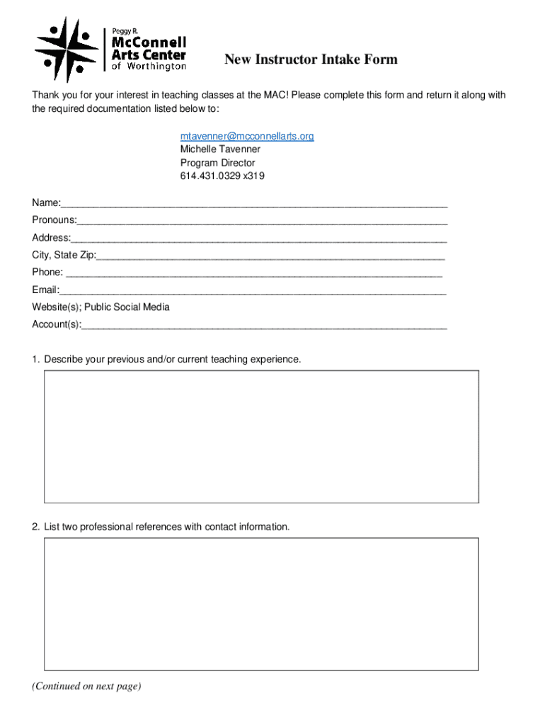 Fillable Online New Instructor Intake Form Fax Email Print - pdfFiller