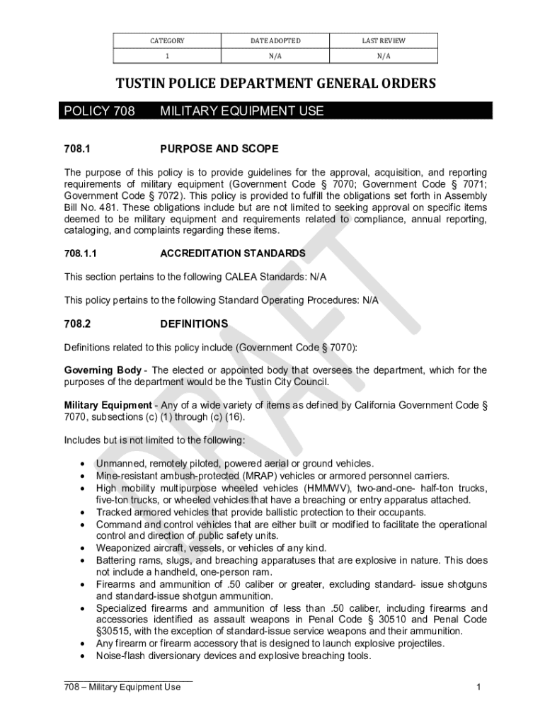 Fillable Online tustin police department general orders - policy 708 ...