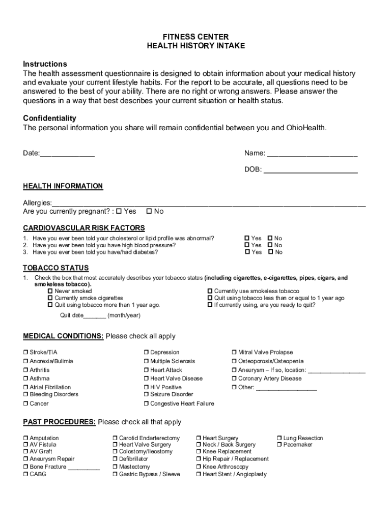 Fillable Online Fitness Questionnaire Form Template Fax Email Print ...