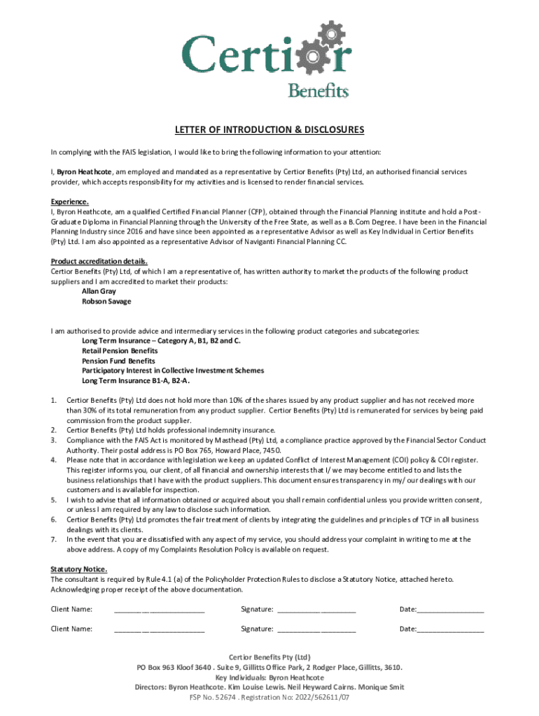Fillable Online Letter of Introduction & Disclosures Fax Email Print - pdfFiller