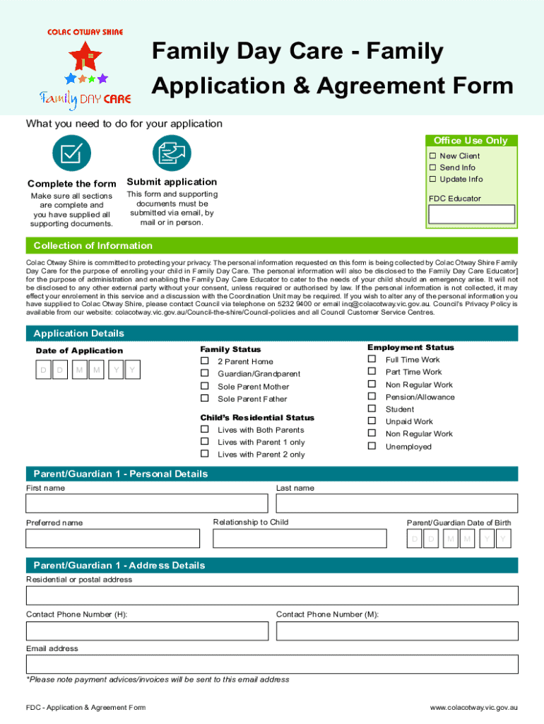 Fillable Online Family Day Care - Family Application & Agreement Form ...