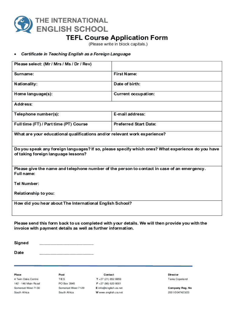Fillable Online TEFL Course Application Form Fax Email Print - pdfFiller