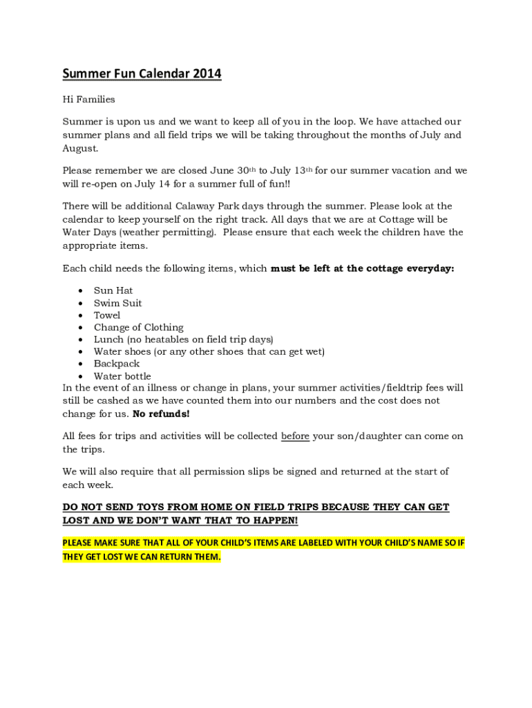 Fillable Online Designing our summer: kid activities, daily routines ...