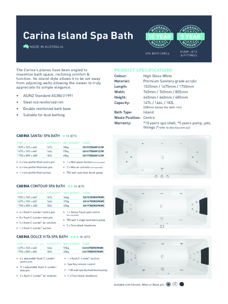 Fillable Online Decina - Carina Contour Spa Bath - 1750 x 810 x 520 (mm) Fax Email Print - pdfFiller