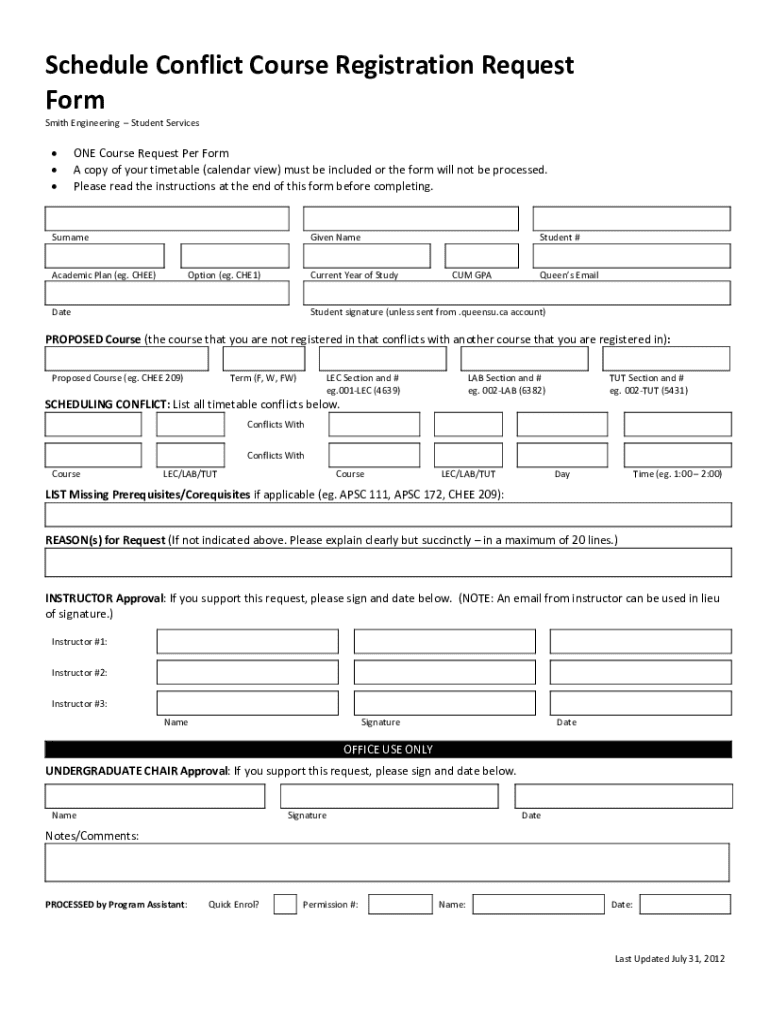 Fillable Online Schedule Conflict Course Registration Form Fax Email ...
