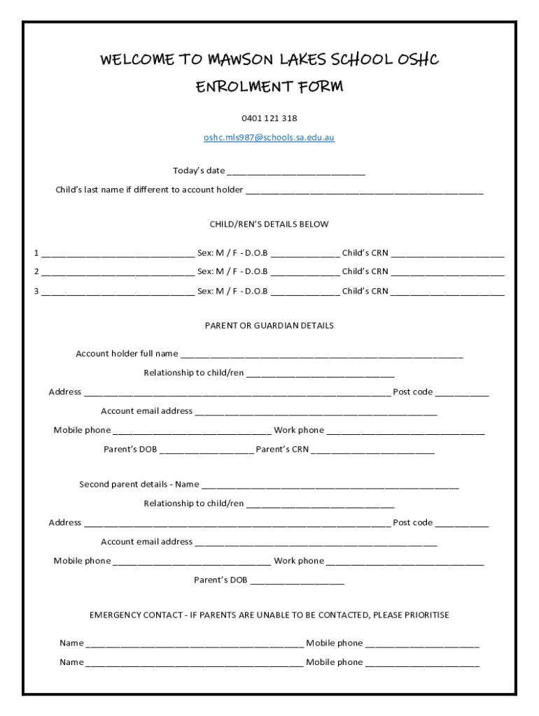 Fillable Online Mawson Lakes School Oshc Enrolment Form | 2022 ...