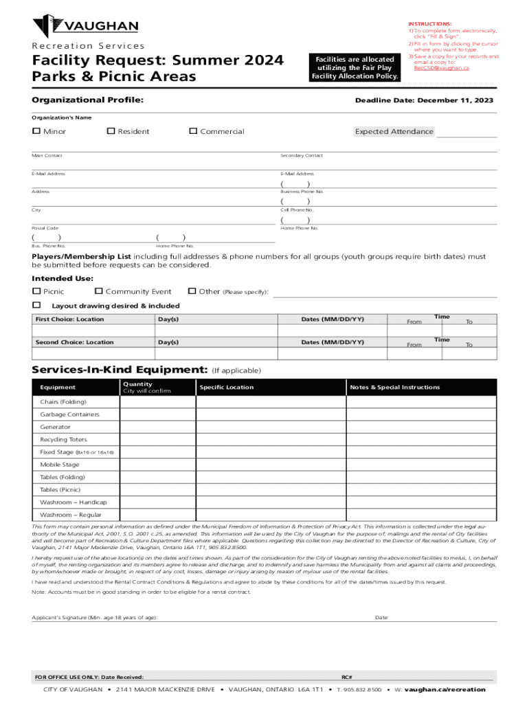 Fillable Online Recreation Services Facility Request Form: Summer 2024 - City of Vaughan Fax ...