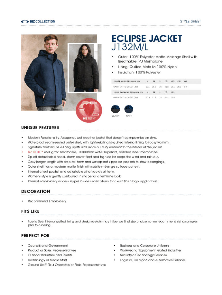 Fillable Online Eclipse Jacket J132m/l - Modern Waterproof Jacket With Metallic Lining | 2022 ...