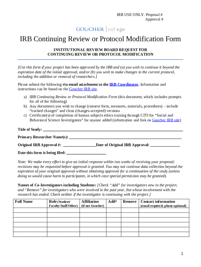 IRB Continuing Review or Protocol Modification Doc Template | pdfFiller