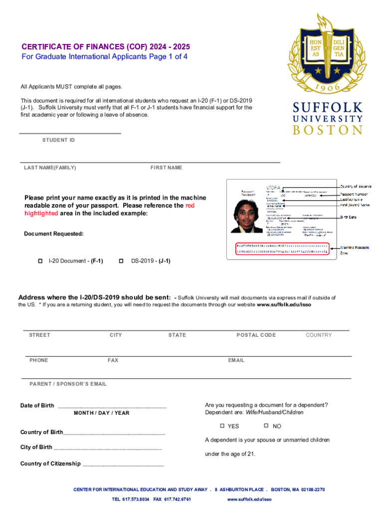 Fillable Online CERTIFICATE OF FINANCES (COF) 2024 - 2025 For Graduate International Applicants ...