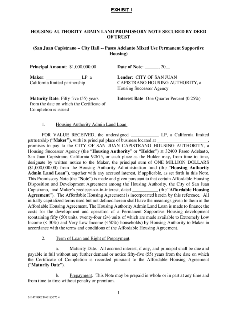 Fillable Online HOUSING AUTHORITY ADMIN LAND PROMISSORY NOTE SECURED BY ...