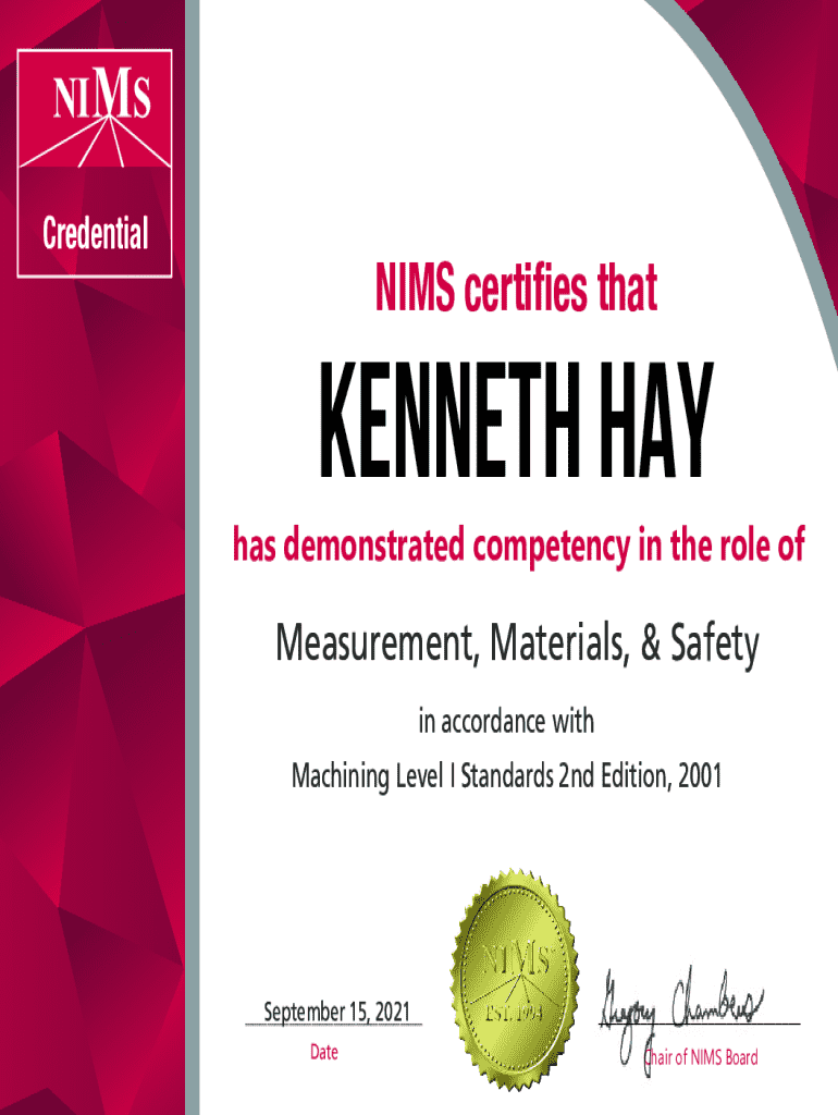 Fillable Online NIMS Credential Certificate Measurement, Materials, & Safety. Credential ...