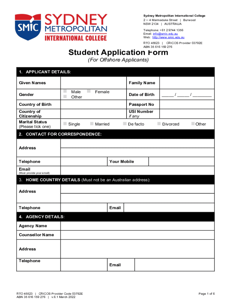 Fillable Online 1.3d4 SMIC Student Application Form v.6.1 March 2022 (Offshore).docx Fax Email ...