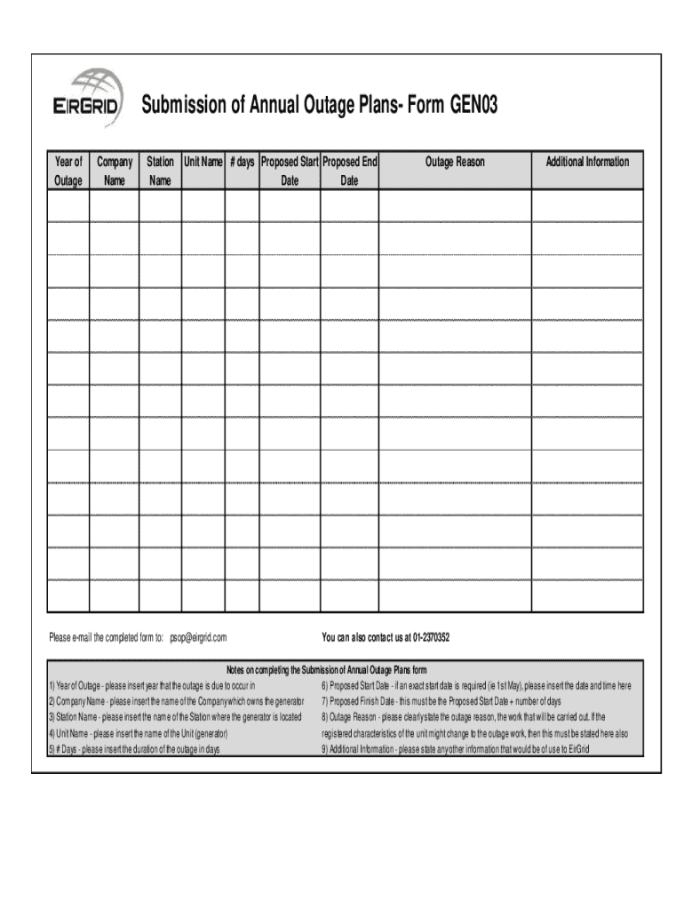 Fillable Online Form GEN03 - Submission of Annual Outage Plans Fax ...