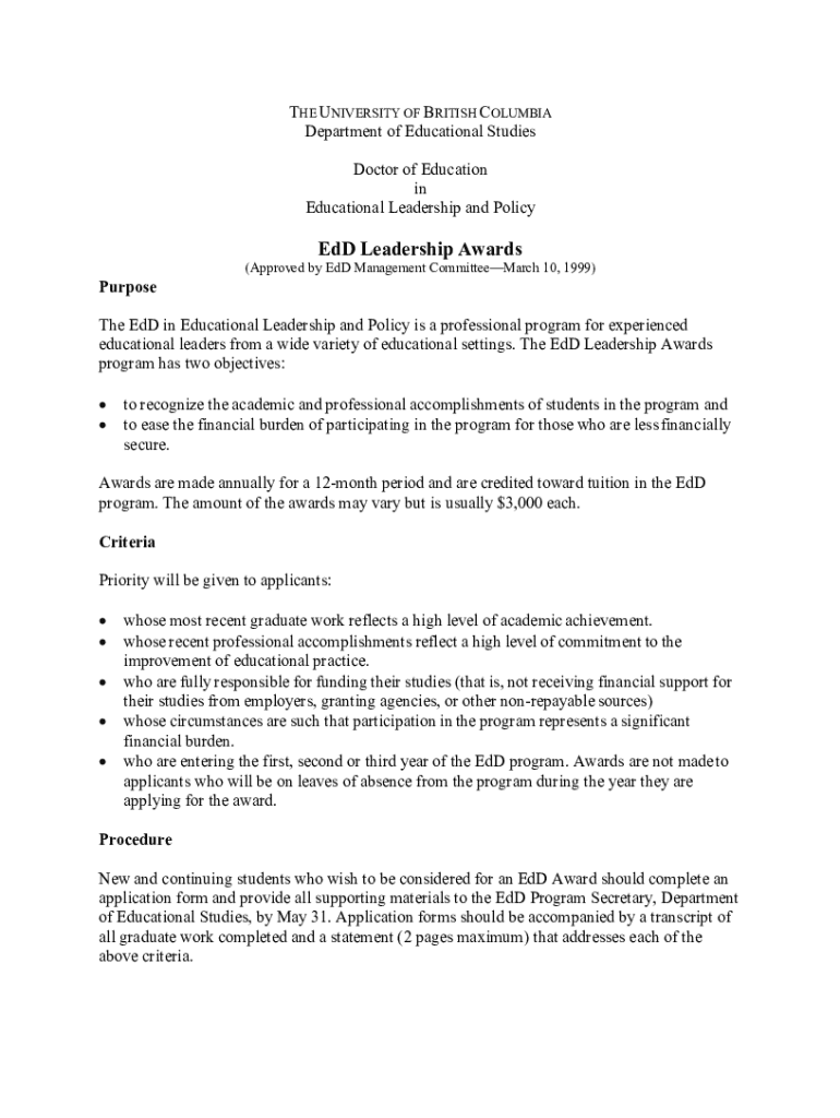 Fillable Online Edd Leadership Award Application Form - University of ...