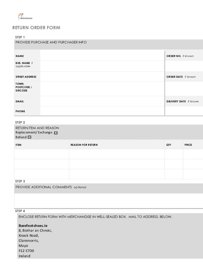 Fillable Online RETURN ORDER FORM - Barefoot Shoes Fax Email Print ...