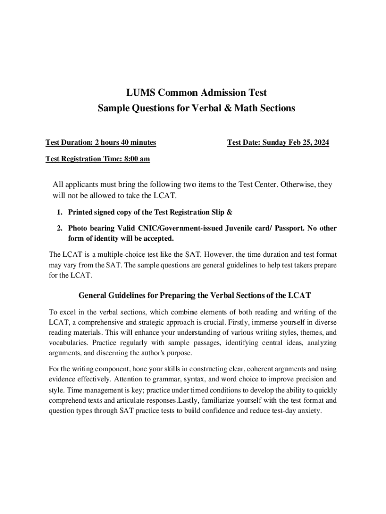 Fillable Online LUMS Common Admission Test Sample Questions for Verbal ...
