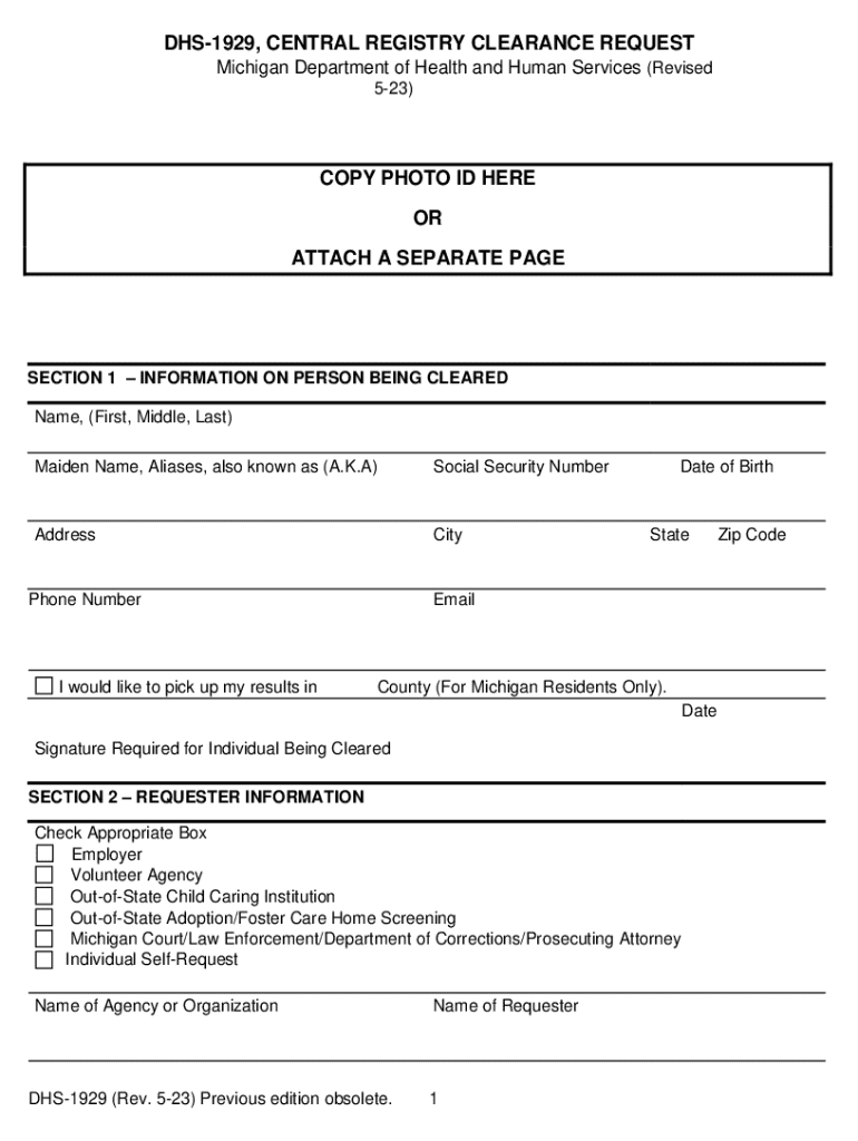 Fillable Online DHS-1929, CENTRAL REGISTRY CLEARANCE REQUEST COPY ...