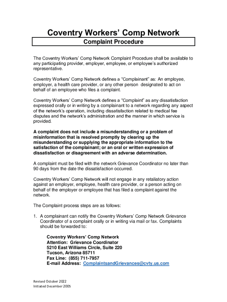 Fillable Online Coventry Workers\' Comp Network Complaint Procedure Fax ...