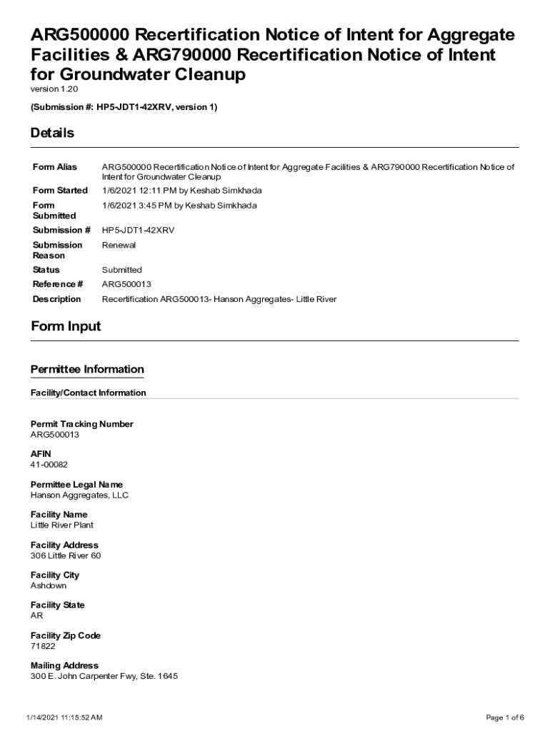 Fillable Online ARG500000 Recertification Notice of Intent for Aggregate Fax Email Print - pdfFiller