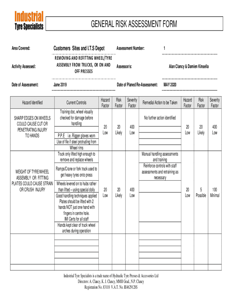 Fillable Online GENERAL RISK ASSESSMENT FORM - Industrial Tyre ...