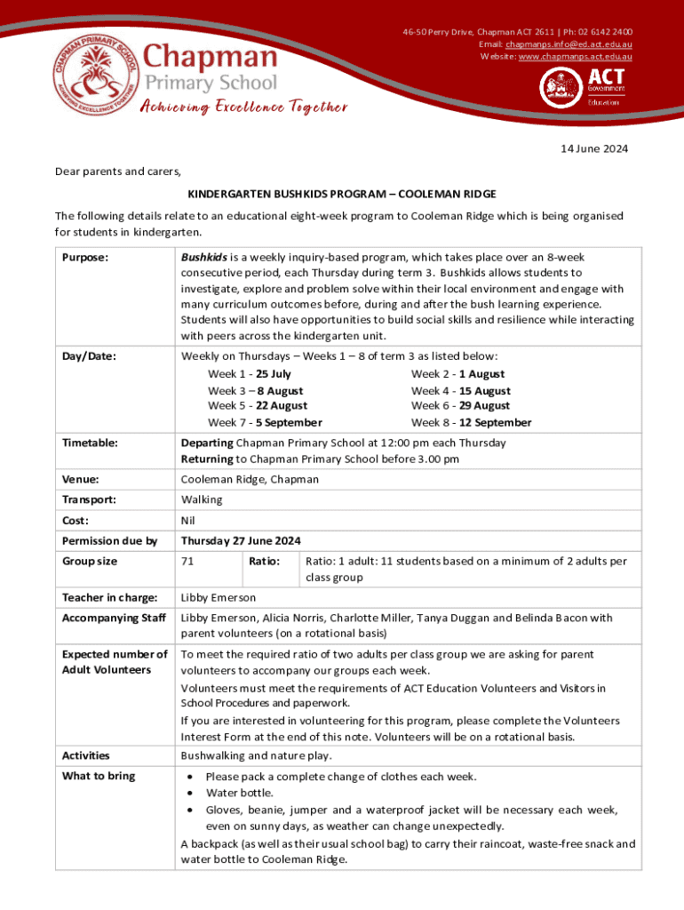 Fillable Online Kindergarten Bushkids Program – Cooleman Ridge 2024 Fax ...