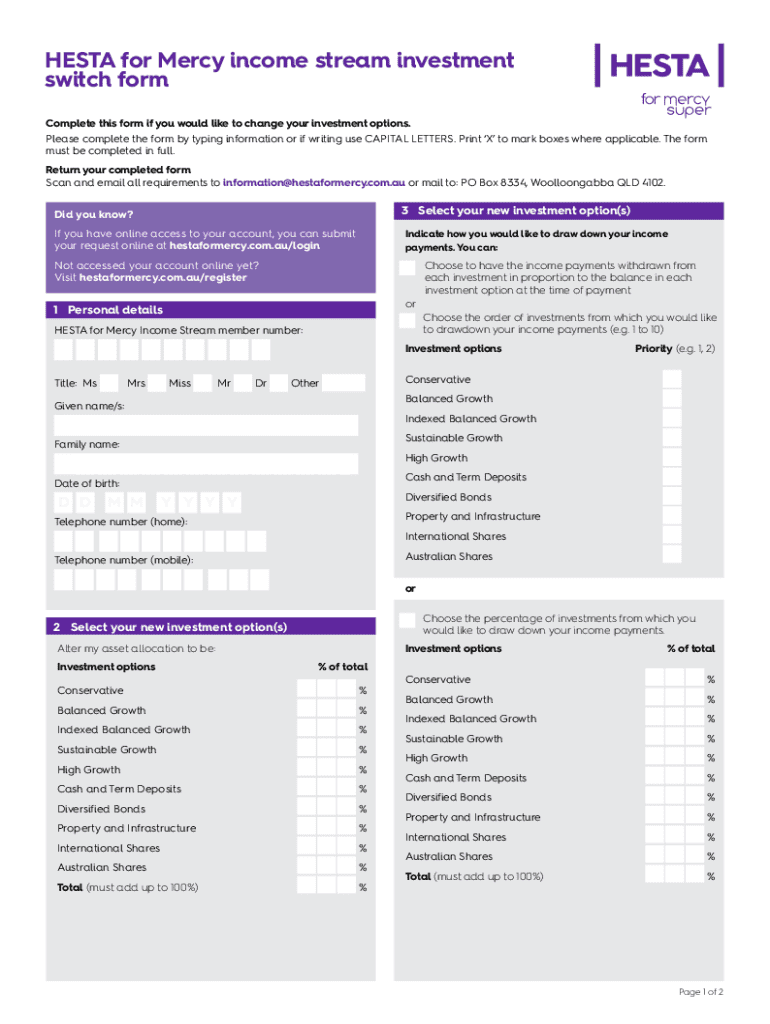 Fillable Online HESTA for Mercy income stream investment switch form ...