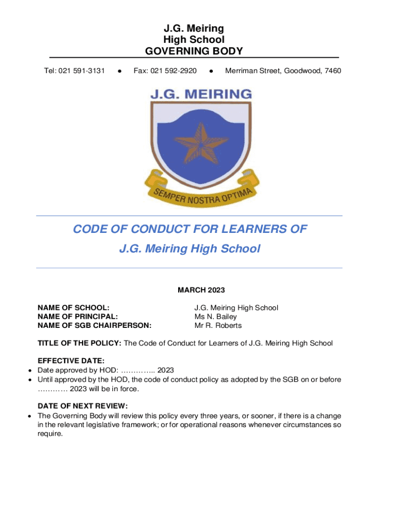 Fillable Online Restore JG Meiring High School to its Former Standards ...