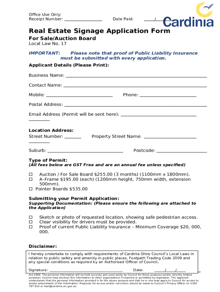 Real Estate Signage Application Doc Template | pdfFiller