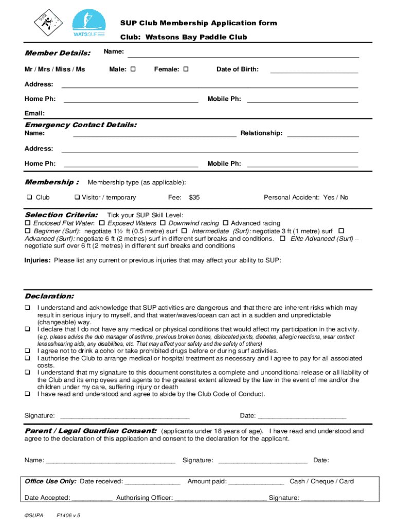 Fillable Online Watsons-Bay-Paddle-Club-Membership-Application-form ...