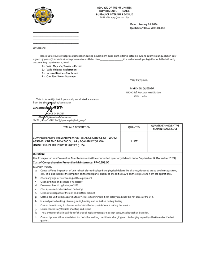 Fillable Online Quotation for Comprehensive Preventive Maintenance ...