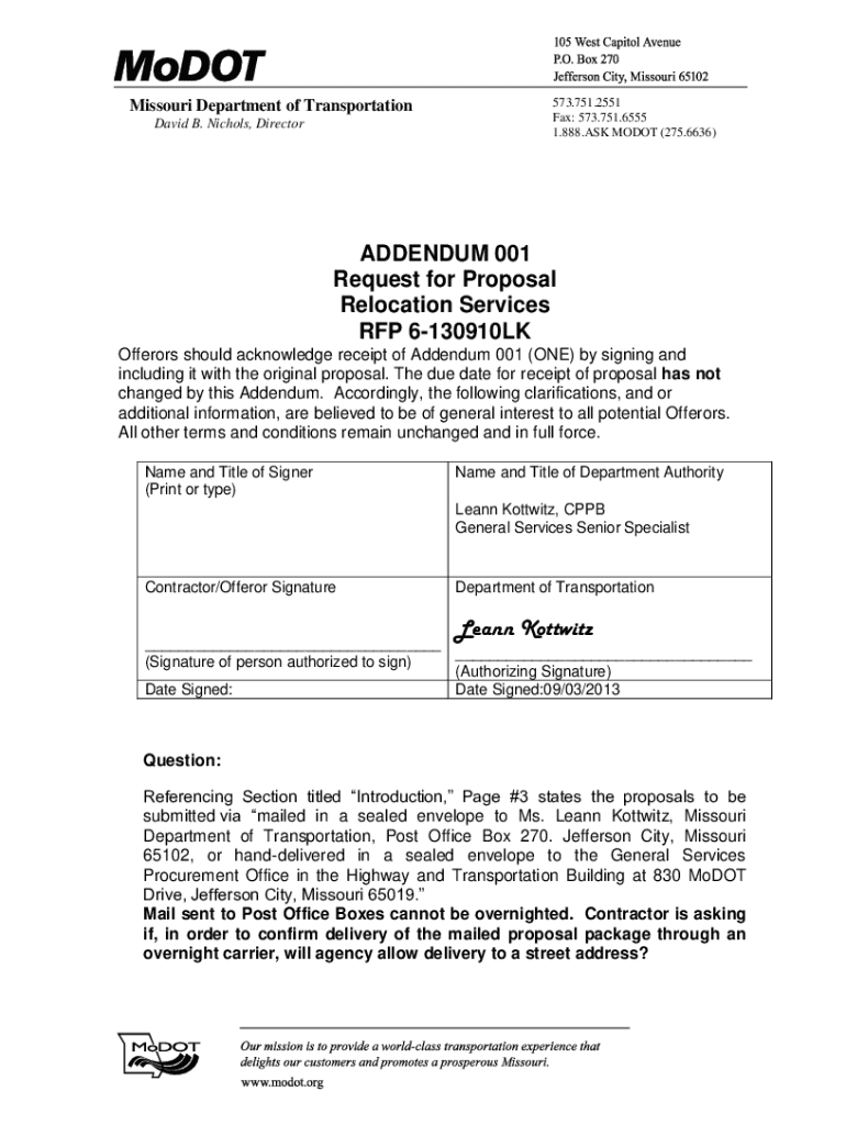 Fillable Online ADDENDUM 001 Request for Proposal Relocation ... Fax Email Print - pdfFiller