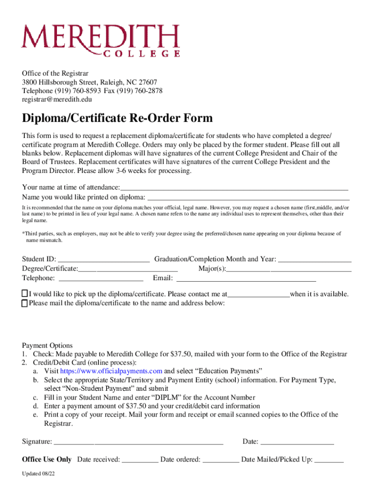 Fillable Online Diploma/Certificate Re-Order Form - Raleigh Fax Email ...