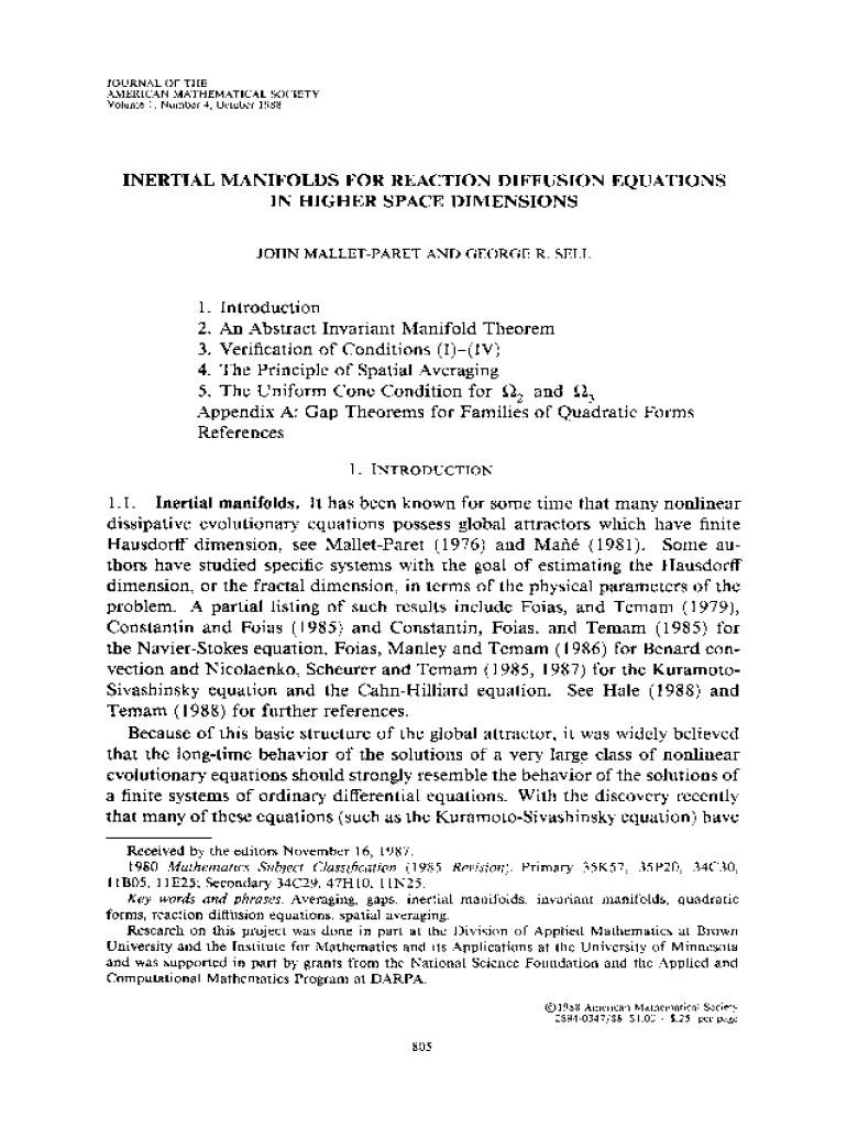 Fillable Online inertial manifolds for reaction diffusion equations in higher space ... Fax ...