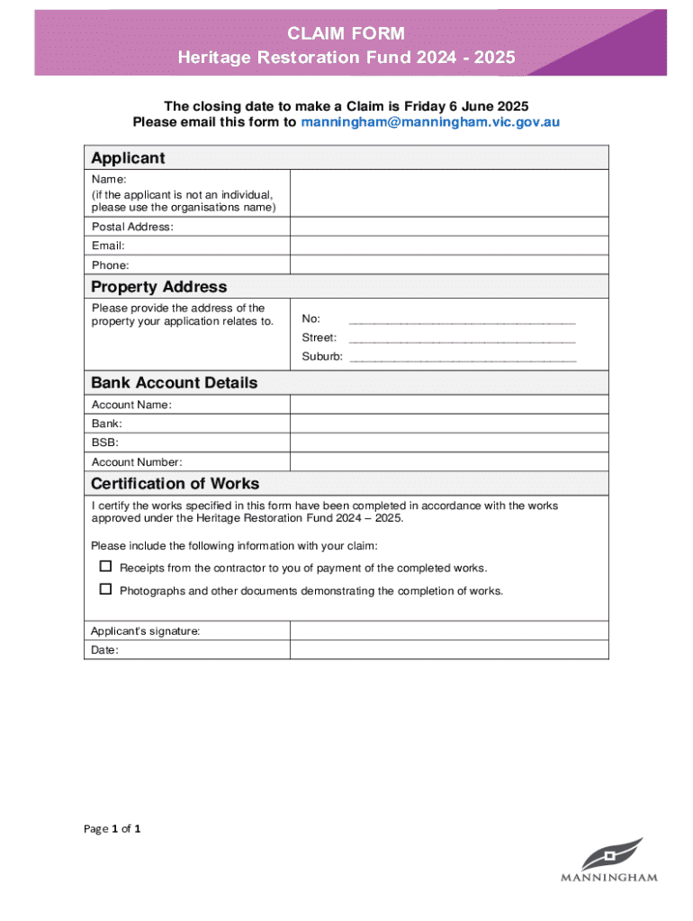 Fillable Online APPLICATION FORM Heritage Restoration Fund 2024 - 2025 ...