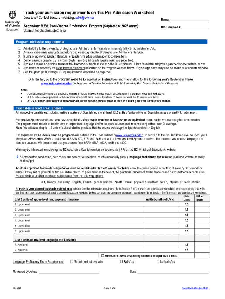 Fillable Online Spanish Sec PDPP Pre-admission worksheet 2025 UVic. Pre ...