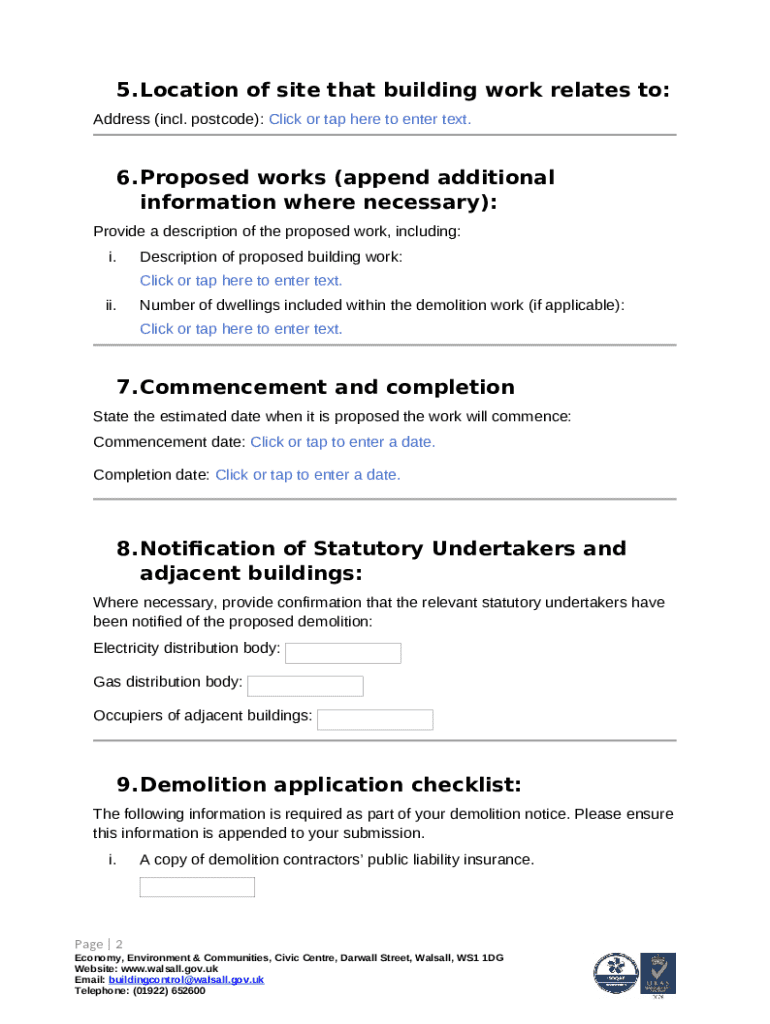 Demolition notice application Doc Template | pdfFiller