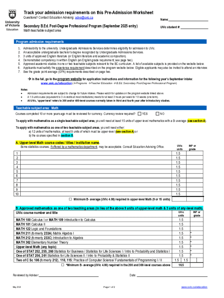 Fillable Online Math Sec PDPP Pre-admission worksheet 2025 UVic. Pre ...