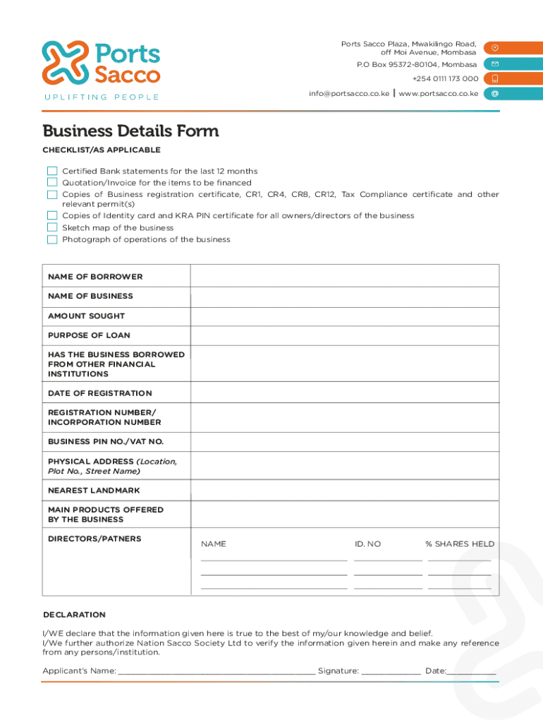 Fillable Online Ports Sacco Business Details Form Fax Email Print - pdfFiller
